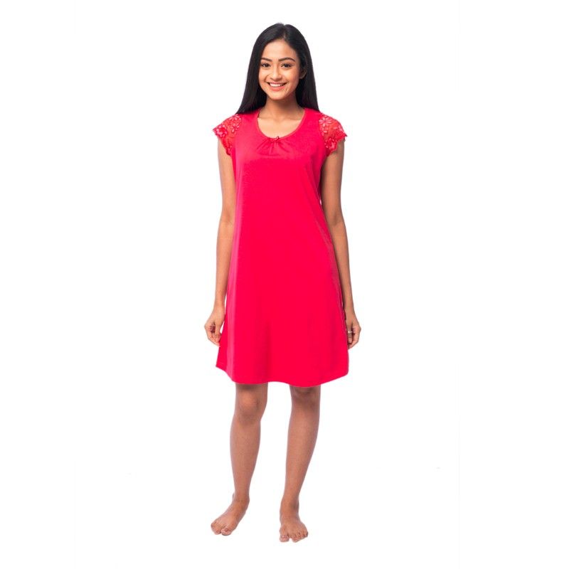 Buy Nite Flite Lace Sleeved Coral Cotton Nighty - Coral Online