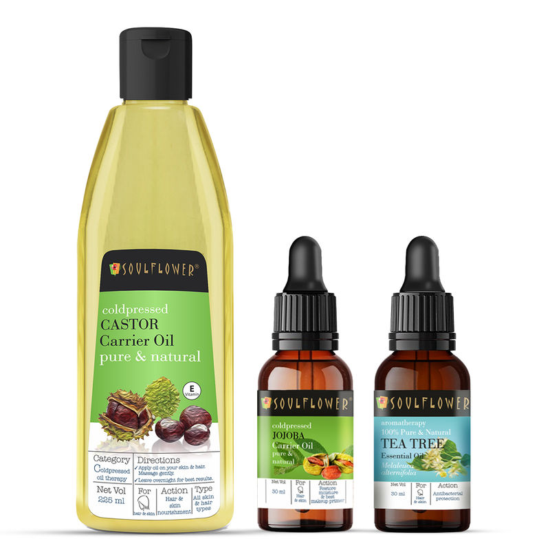 Buy Soulflower Jojoba Oil Castor Oil & Tea Tree Essential Oil Combo Online