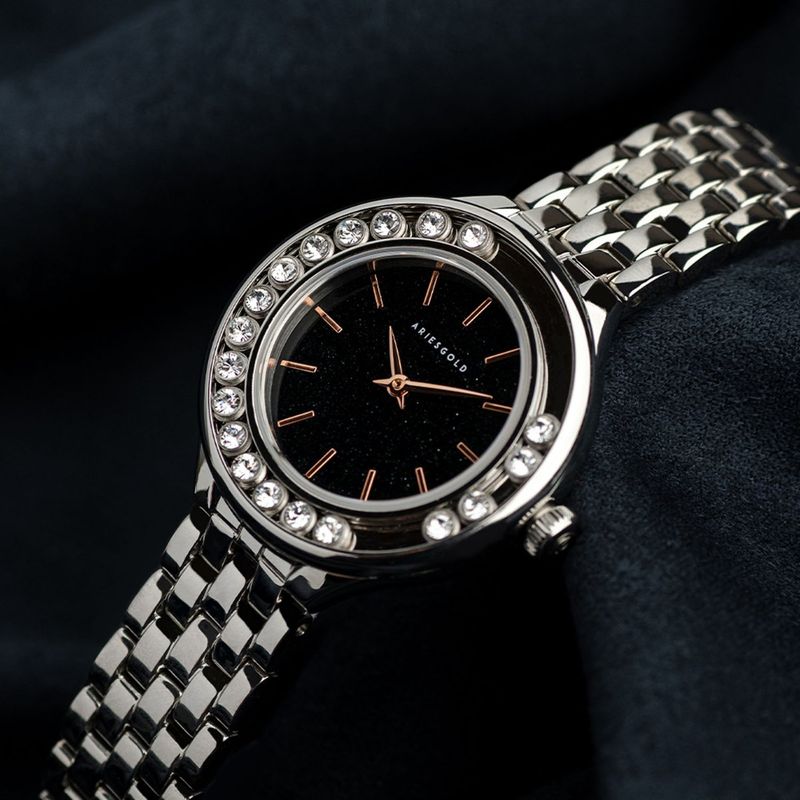 Buy Aries Gold Majestic Quartz Black Round Moving Diamond Dial Women's ...