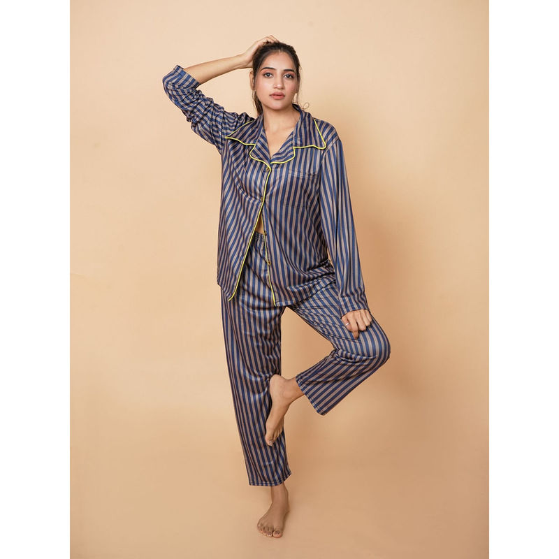Buy Ansee by Addery Blue Golden Stripes Nightsuit (Set of 2) Online