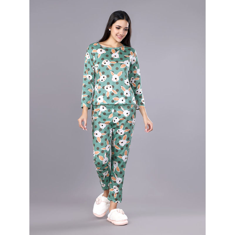 Buy Ansee by Addery Adorable Rabbit Print Green Nightsuit (Set of 2) Online