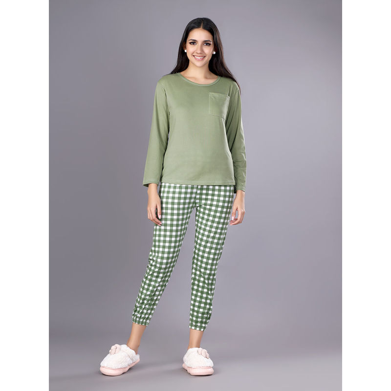 Buy Ansee by Addery Womens Olive Checkered Nigh suit (Set of 2) Online