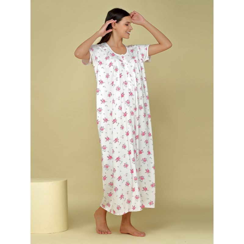 Velvet By Night Half Sleeve Nighty With Flower Print - White: Buy ...