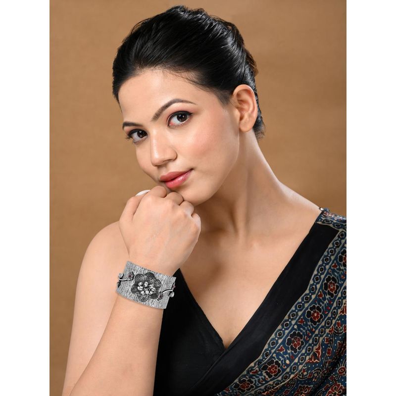 Buy Designbox Oxidised Tone Ethnic Broad Cuff Bracelet (2.5) Online