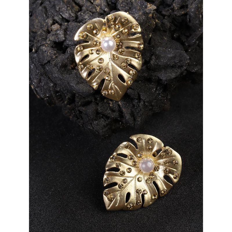 Buy Jewels Galaxy Gold-Plated Stone-Studded Leaf Shaped Studs Online