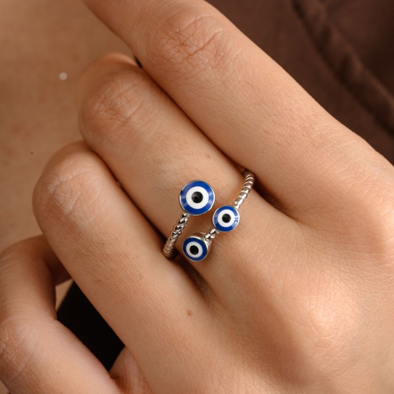Buy METALM 3 Evil Eye Adjustable Silver Ring Online