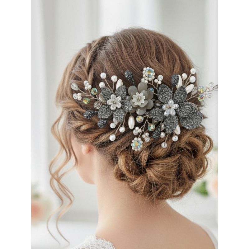 Buy Accessher Grey Floral Vine Tiara Bridal Bun Juda Hair Accessory Online