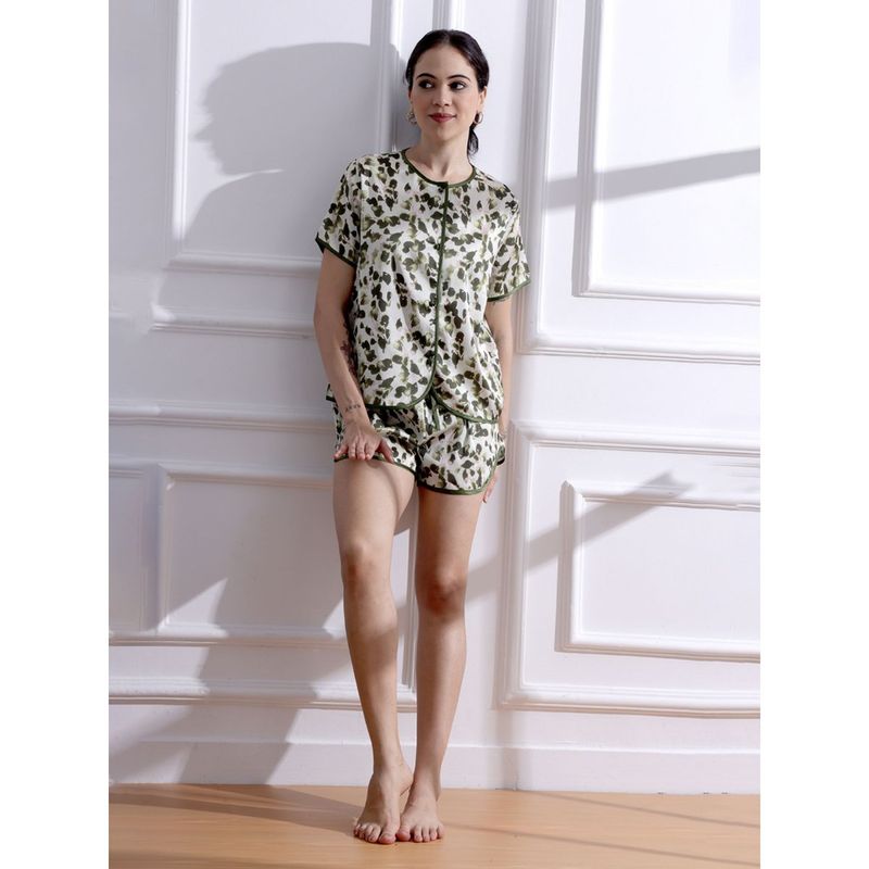 Buy Slumber Jill White & Green Floral Finesse Luxe Top with Shorts (Set ...