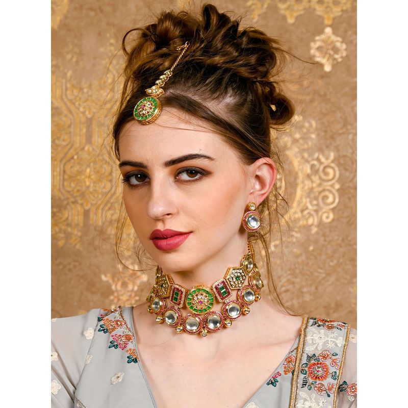 Buy Odette Rajasthani Double Sided Green Choker Necklace Set Online