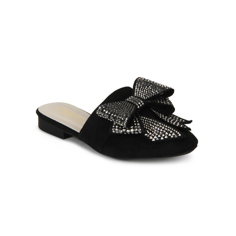 Buy Truffle Collection Black Bowed Open Back Slip-on Flats Online