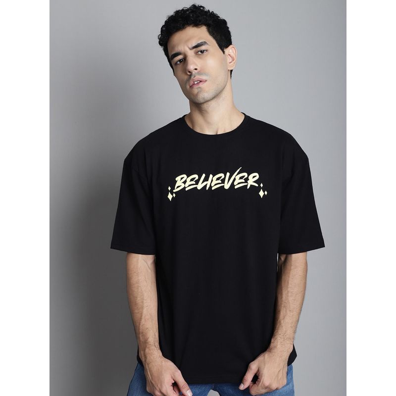 Buy DOOR74 Men Black Believer Premium Printed Oversize T-Shirt Online