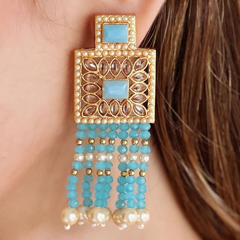 Buy Azai by Nykaa Fashion Ethnic Blue Square Danglers With Faux Pearls ...