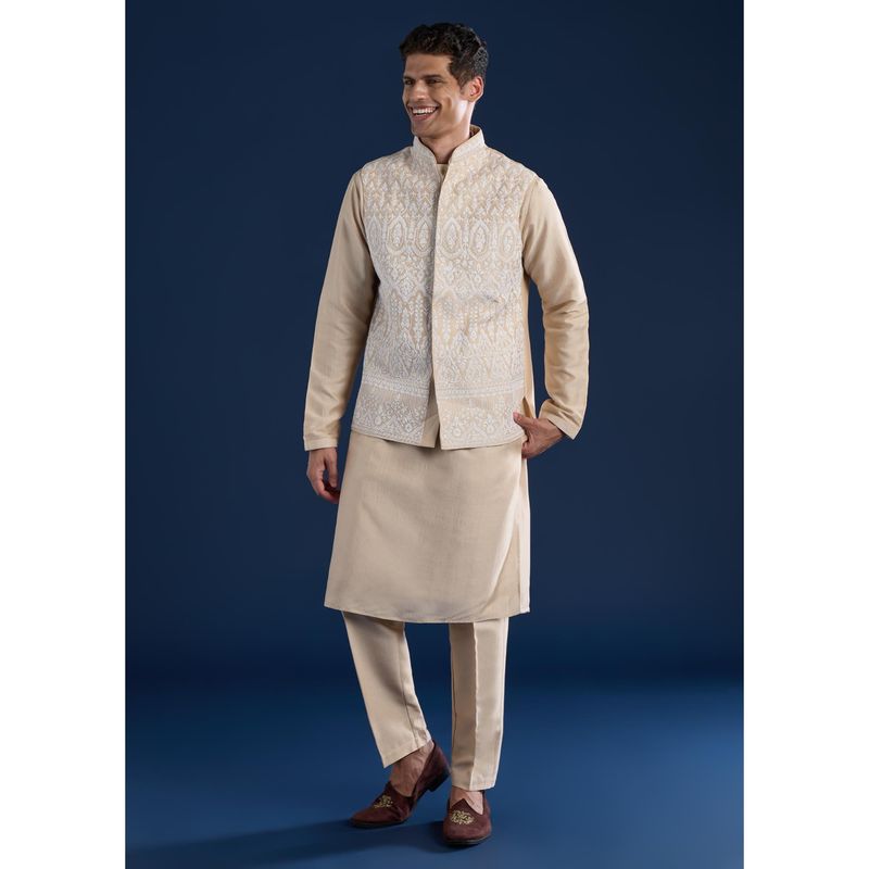 Buy KALKI FASHION Men Beige Silk Embroidered Mandarin Neck Jacket and ...