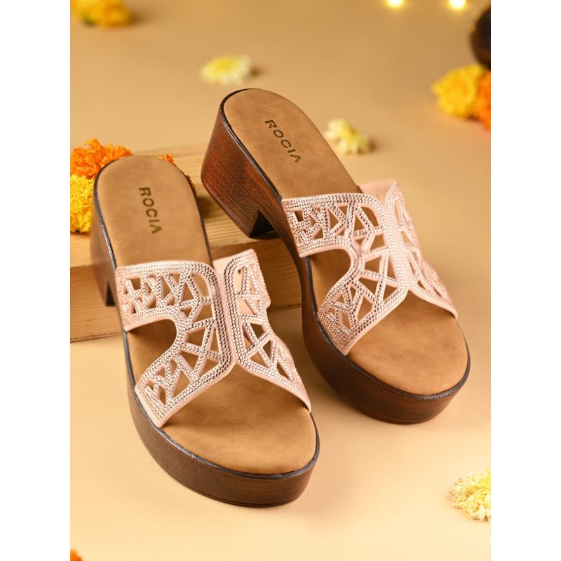 Buy ROCIA Rose Gold Women Diamond Embellished H Block Sandal Heels Online