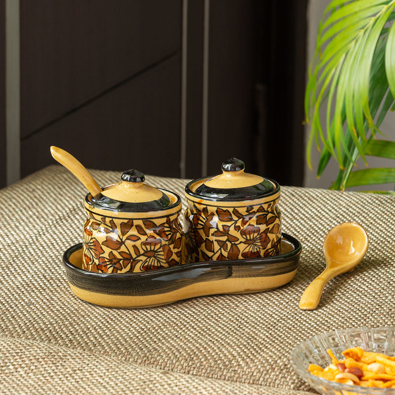 Buy ExclusiveLane Mughal Floral Hand painted Ceramic Chutney Jar Set with Tray (Set of 2, 130 ML ...