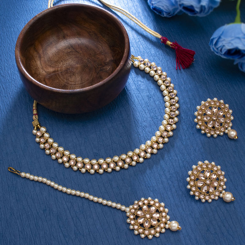 Buy Sukkhi Sleek Gold Plated Pearl Choker Necklace Set For Women Online