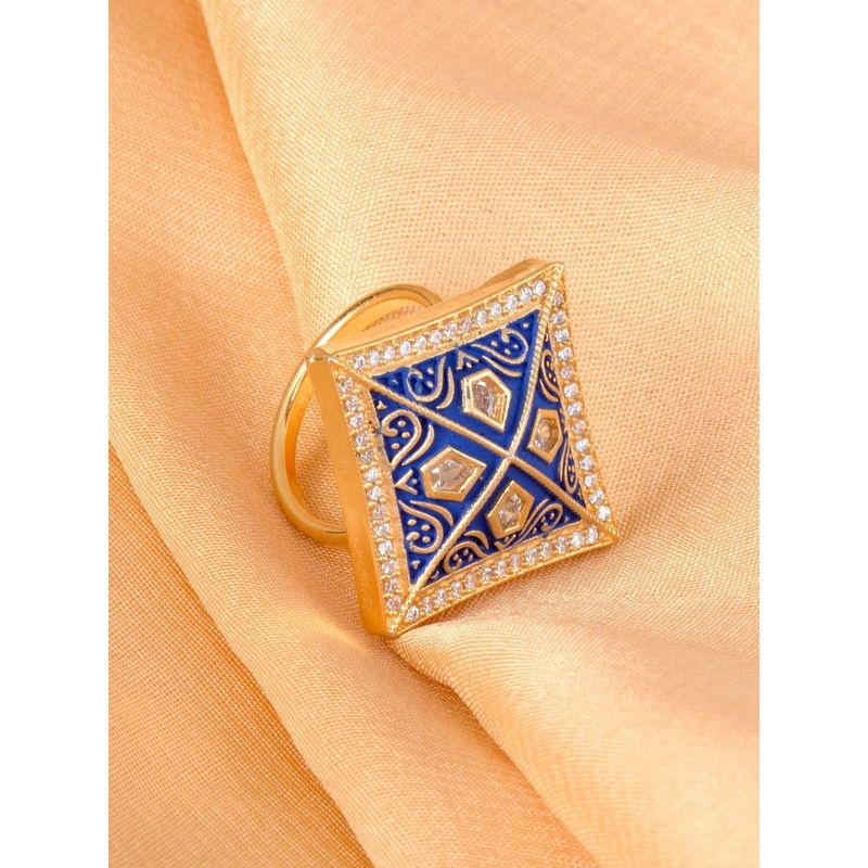 Buy Saraf RS Jewellery Gold Plated With Blue Ad Studded Handcrafted Adjustable Square Ring Online