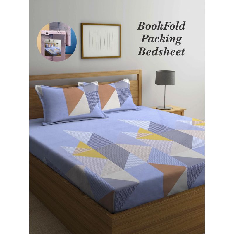 Buy ARRABI Blue Geometric Cotton Blend Book Fold Bedsheet With 2 Pillow ...