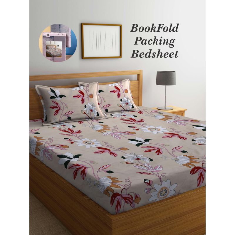 Buy ARRABI Beige Floral Cotton Blend Book Fold Bedsheet With 2 Pillow ...