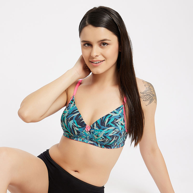 Buy Clovia Polyamide Printed Padded Full Cup Wire Free Push-Up Bra - Dark Blue Online