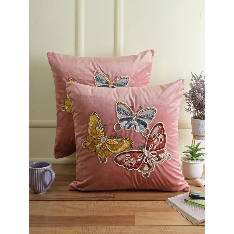 Buy eyda Velvet Pink Color Beaded Sequin Set Of 2 Cushion Cover-18X18 ...