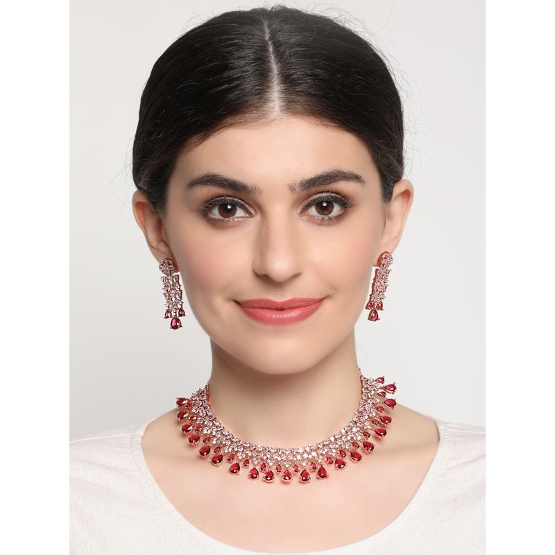 Buy Aatmana Maroon American Diamond Rose Gold Plated Jewellery Set Online