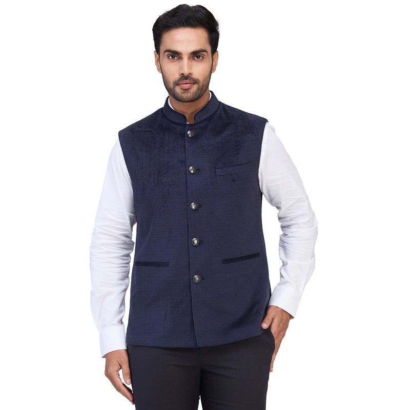 Buy Raymond Contemporary Self Design Navy Blue Nehru Jacket Online