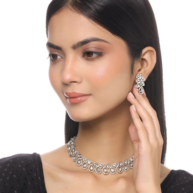 Buy Yellow Chimes Silver-Plated White Crystal Studded Jewellery Set Online