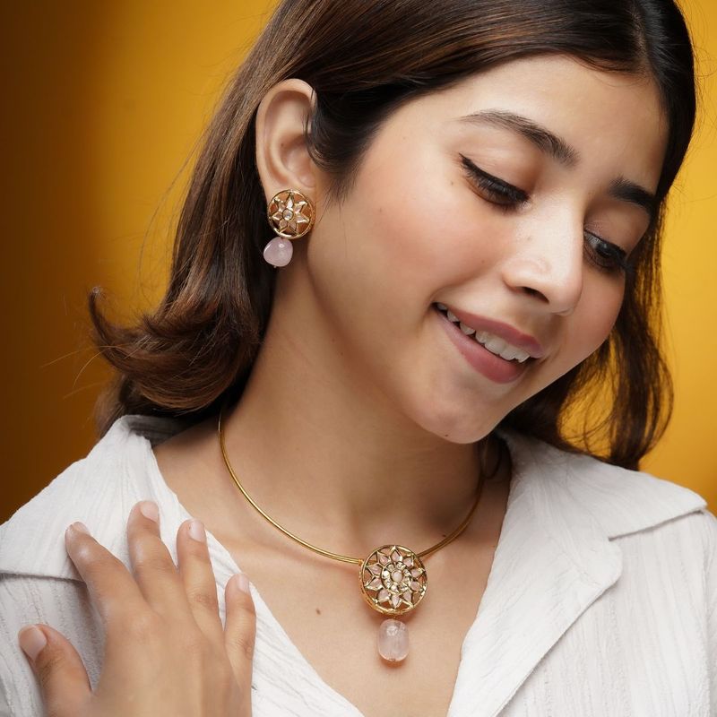 Buy AARSEE OFFICIAL Pink 22Kt Gold Plated Ornate Hasil Necklace With ...