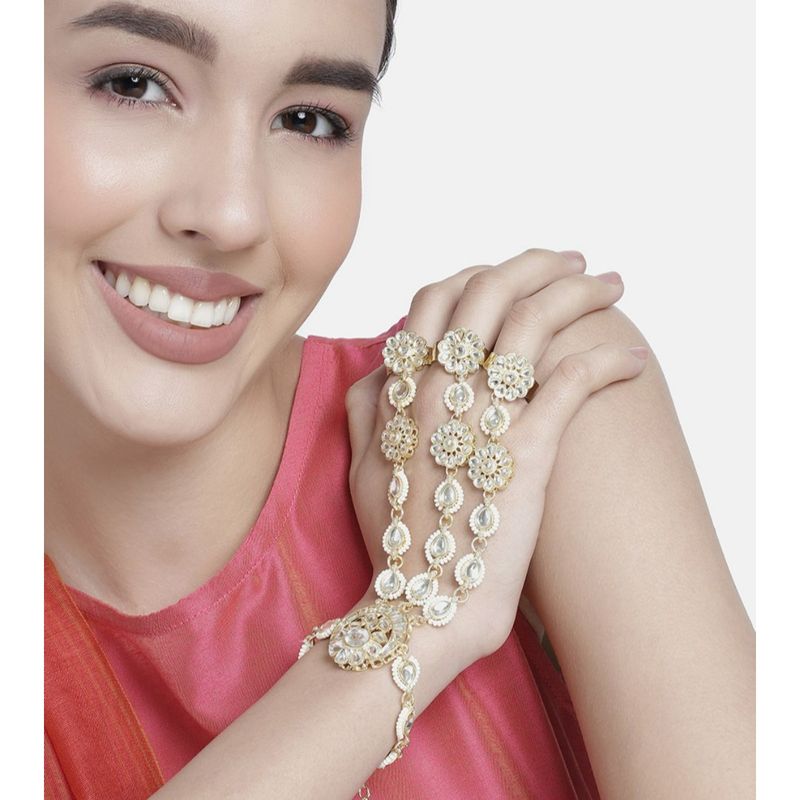 Buy LAIDA Women Gold-Plated White Kundan & Pearl Studded Three Fingers ...