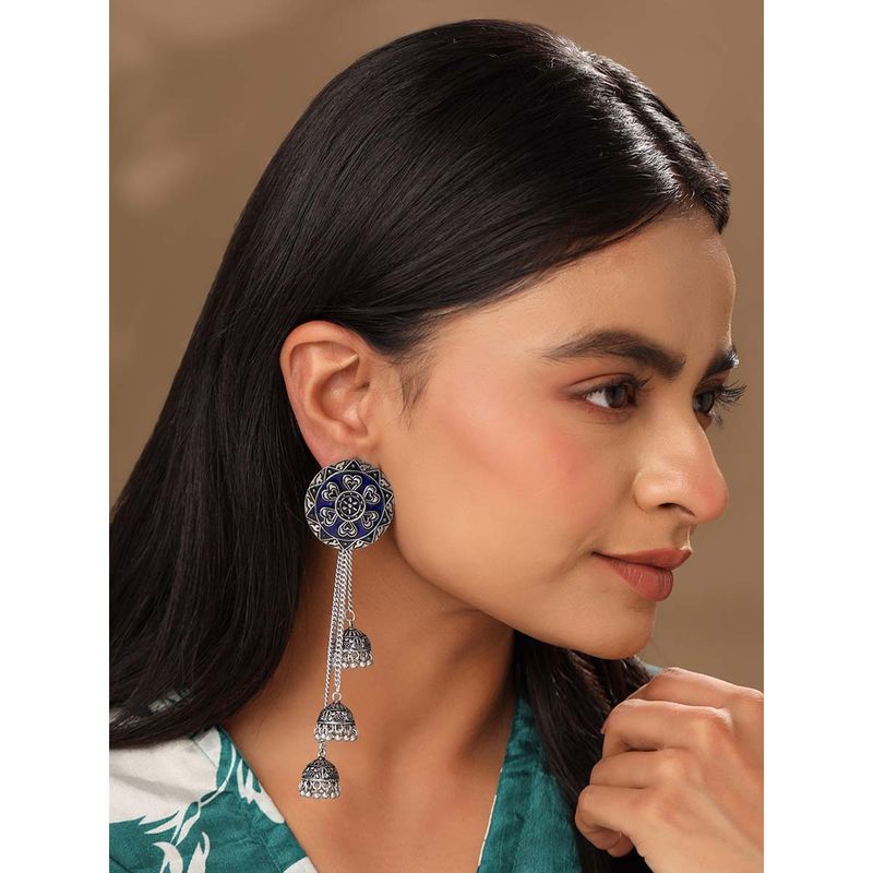 Buy Yellow Chimes Silver Oxidized Plated Long Chain Danglers Online