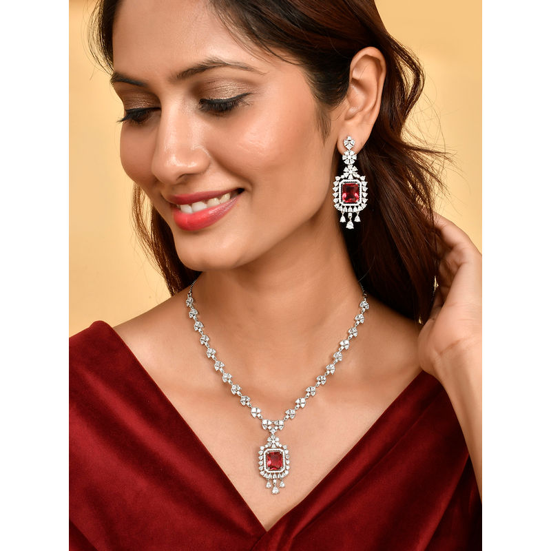 Buy Voylla Sparkling Elegance Square Cut Pink Cz Jewellery Set Online