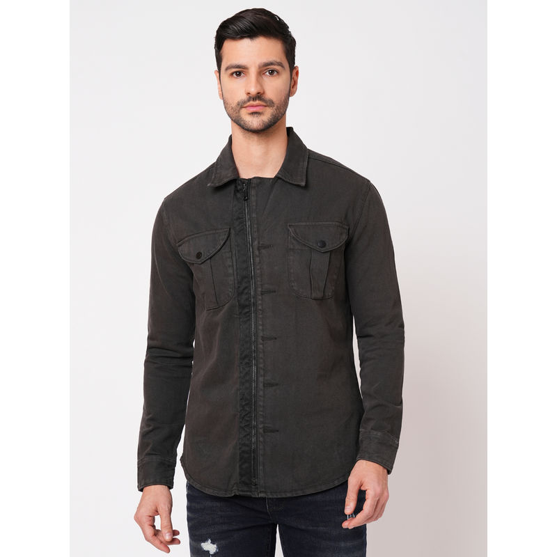 Buy ROOKIES Men Charcoal Denim Pure Cotton Full Sleeve Zipper Shacket ...
