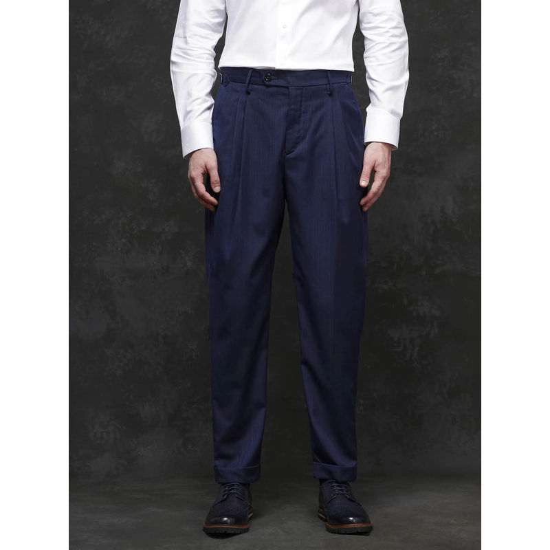 Buy Rare Rabbit Amosy Navy Blue Striped Relaxed Fit Trouser Online