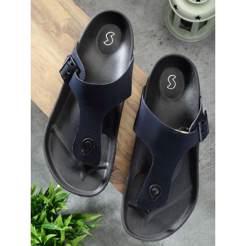 Buy SOLETHREADS Pharaoh Navy Solid T-Strap Men Slippers Online
