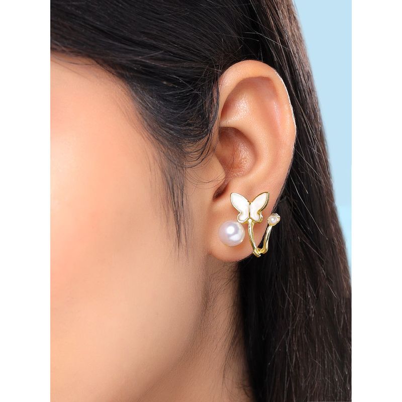 Buy Yellow Chimes Gold Plated Butterfly Pearl Ear Hook Ear Cuff Jacket Stud Earrings Online