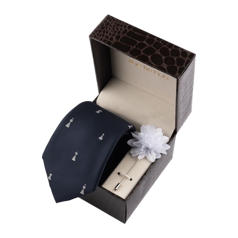 Buy The Tie Hub Navy Blue Chess Necktie with Flower Lapel Pin Combo Set ...