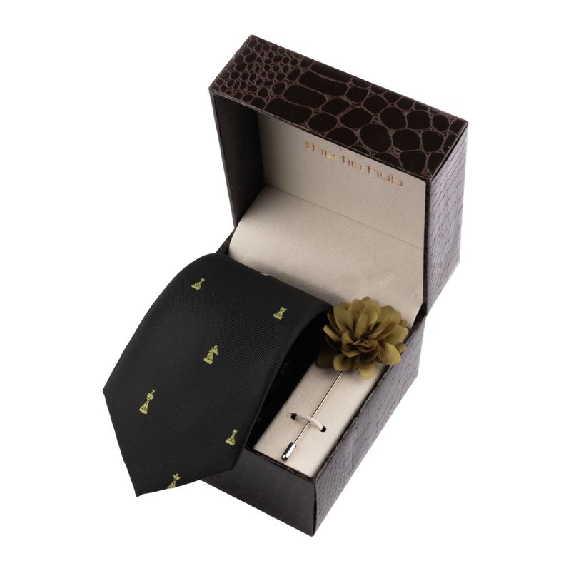 Buy The Tie Hub Black Chess Necktie with Flower Lapel Pin Combo Set Online
