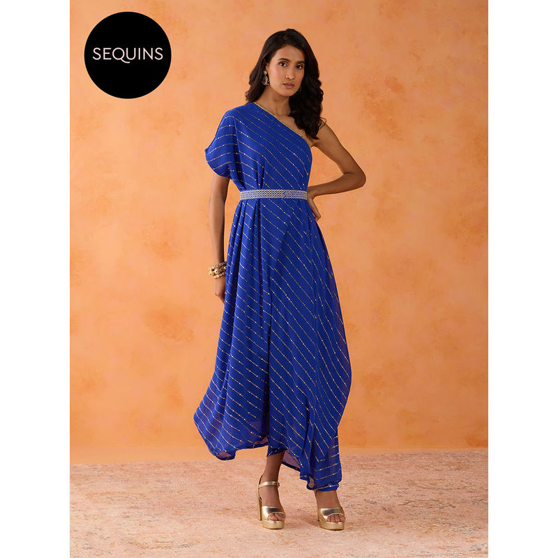Buy Gajra Gang Blue Draped One Shoulder Belted Dress (Set of 2 ...