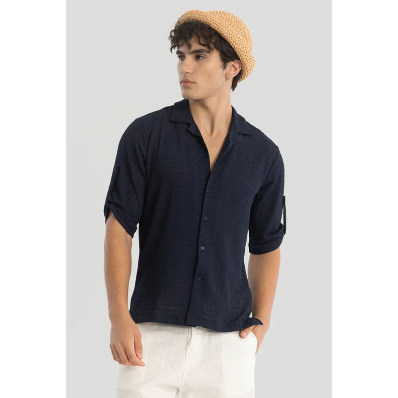 Buy Snitch Navy Blue Textured Cuban Shirt Online