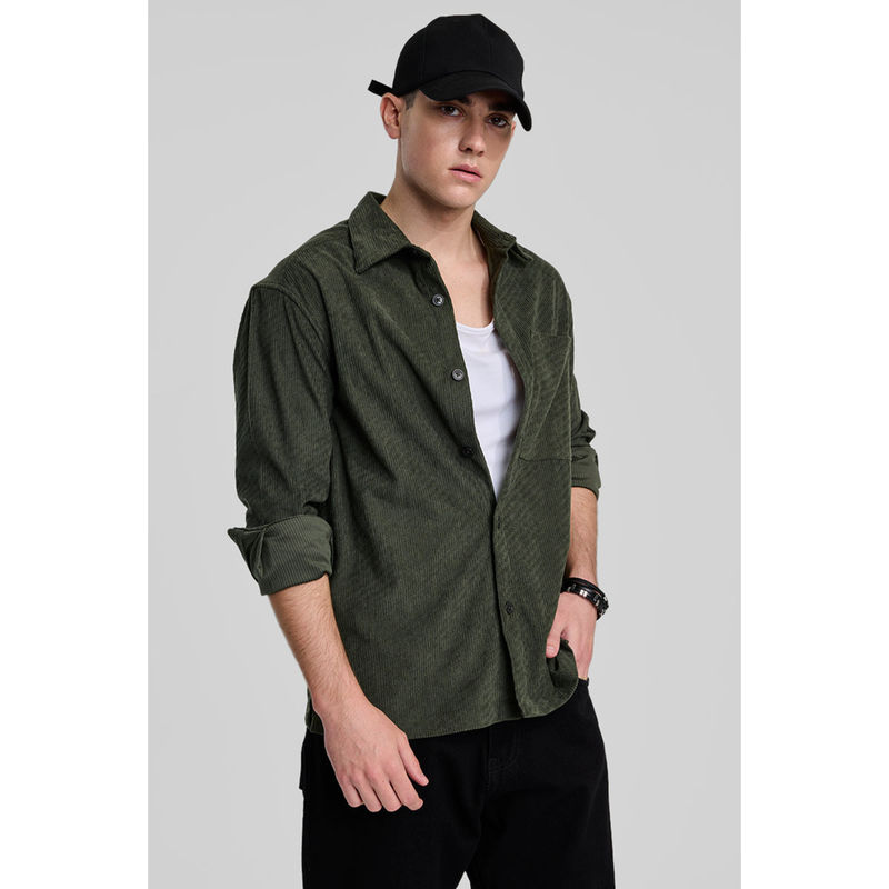 Buy Snitch Dark Green Textured Corduroy Overshirt Online