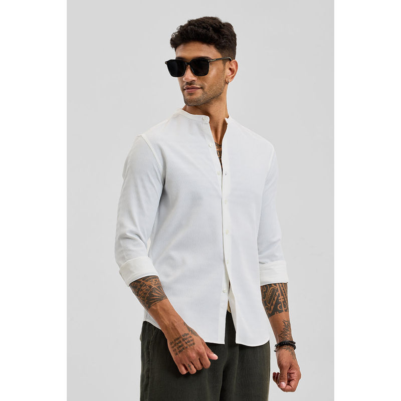 Buy Snitch White Self Design Mandarin Shirt Online
