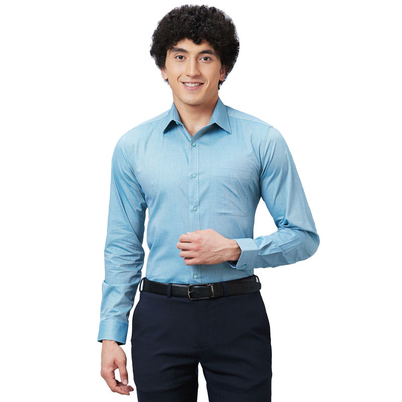Buy Raymond Men Slim Fit Cotton Self Design Blue Formal Shirt Online