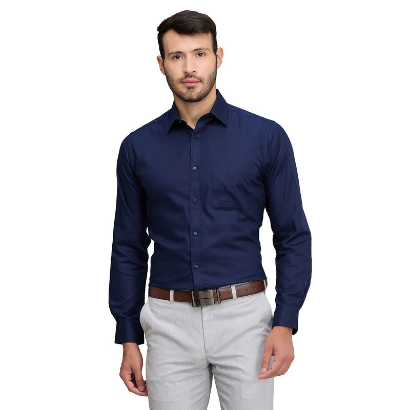 Buy Raymond Men Slim Fit Cotton Solid Navy Blue Formal Shirt Online