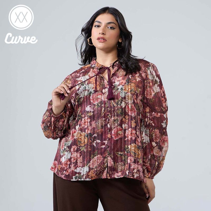 Buy Twenty Dresses by Nykaa Fashion Curve Maroon Floral Mandarin Neck Bishop Sleeves Top Online