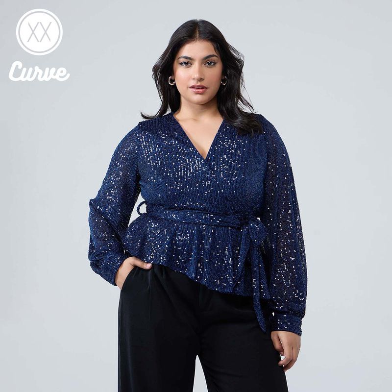 Buy Twenty Dresses by Nykaa Fashion Curve Party Blue Sequin V Neck Full Sleeves Peplum Top Online