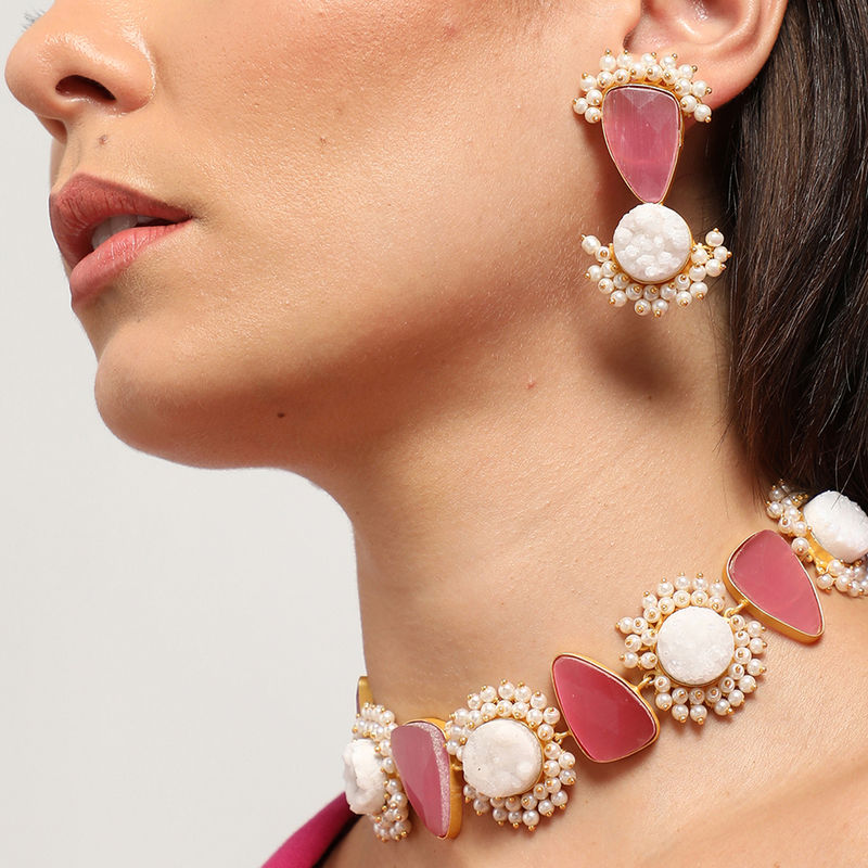 Buy SOHI Gold Plated Pink White Stone Studded Jewellery (Set of 2) Online