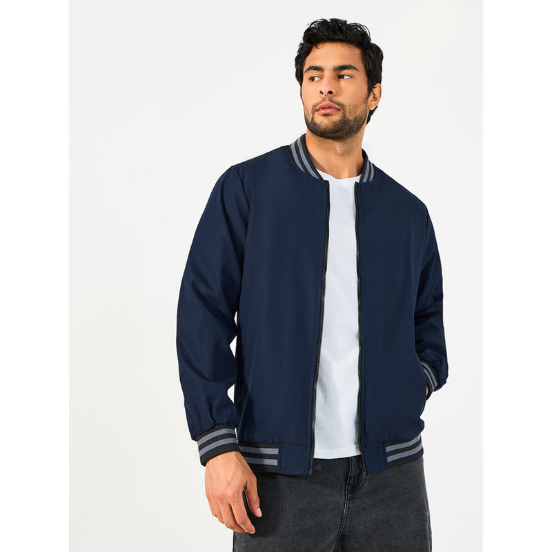 Buy Styli Mens Navy Blue Solid Contrast Rib Detail Bomber Jacket Online