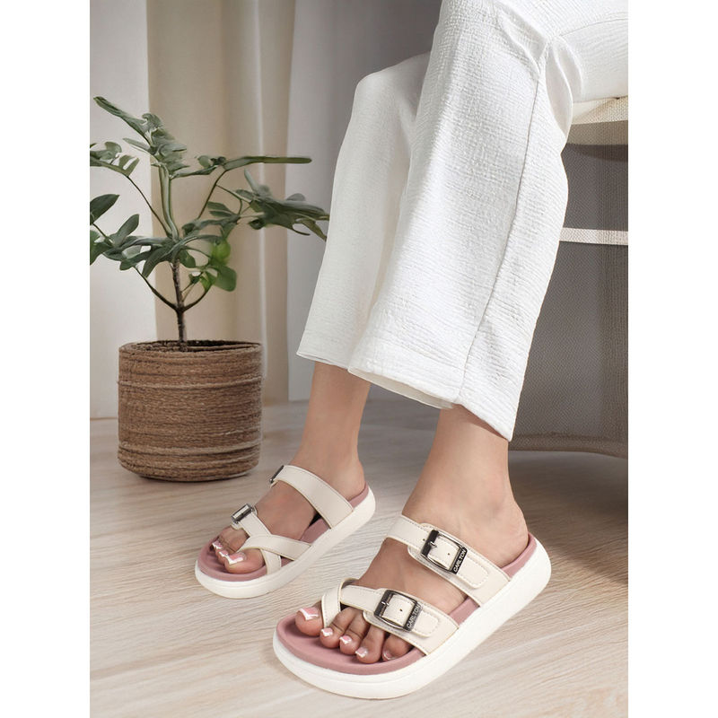 Buy Carlton London Women White Toe Loop Double Buckle Slide Comfort ...