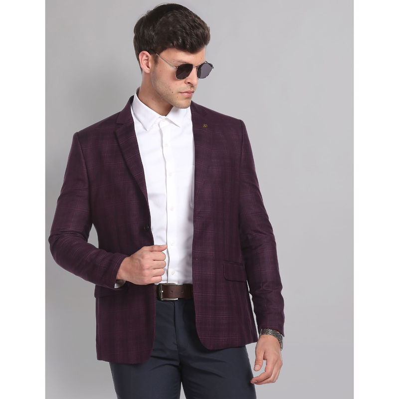 Buy AD By Arvind Men Plum Plaid Check Patterned Weave Formal Blazer Online